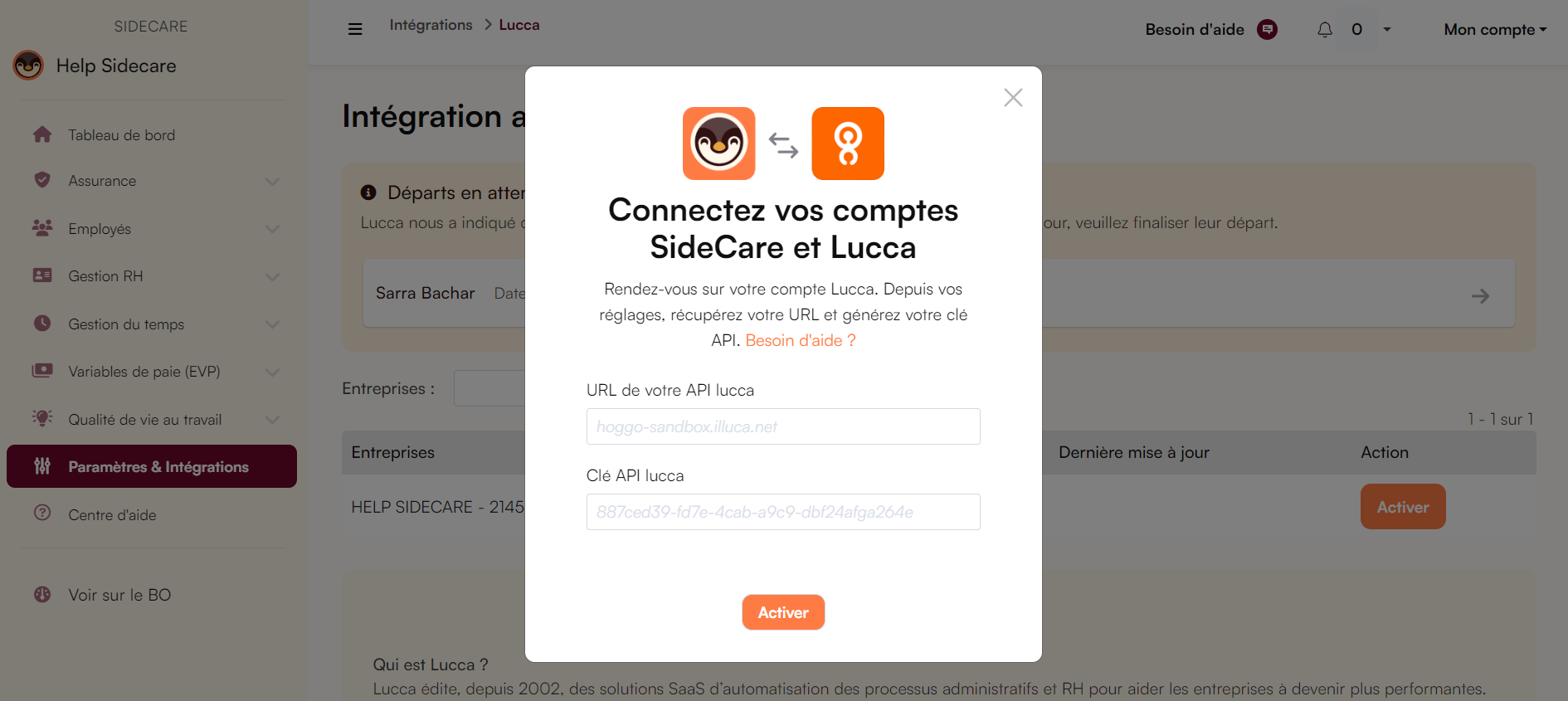 Intégration Lucca – SideCare